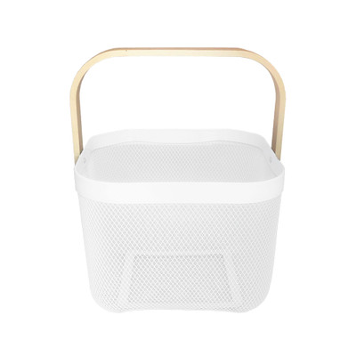 Square Mesh Basket With Wooden Handle - White | Howards Storage World