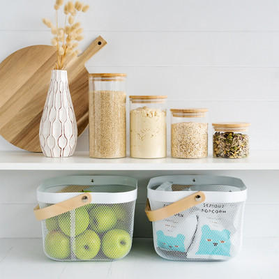 Square Mesh Basket With Wooden Handle - White | Howards Storage World