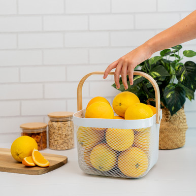 Square Mesh Basket With Wooden Handle - White | Howards Storage World