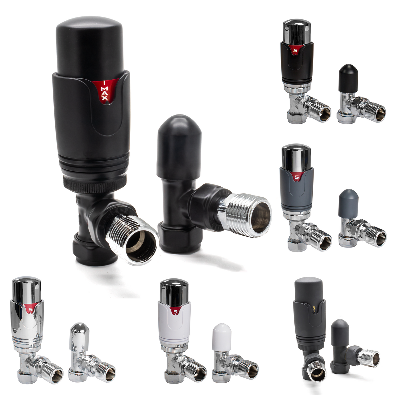 Thermostatic TRV Angled Radiator Valves 1/2" x 15mm - Choice of Colours ...