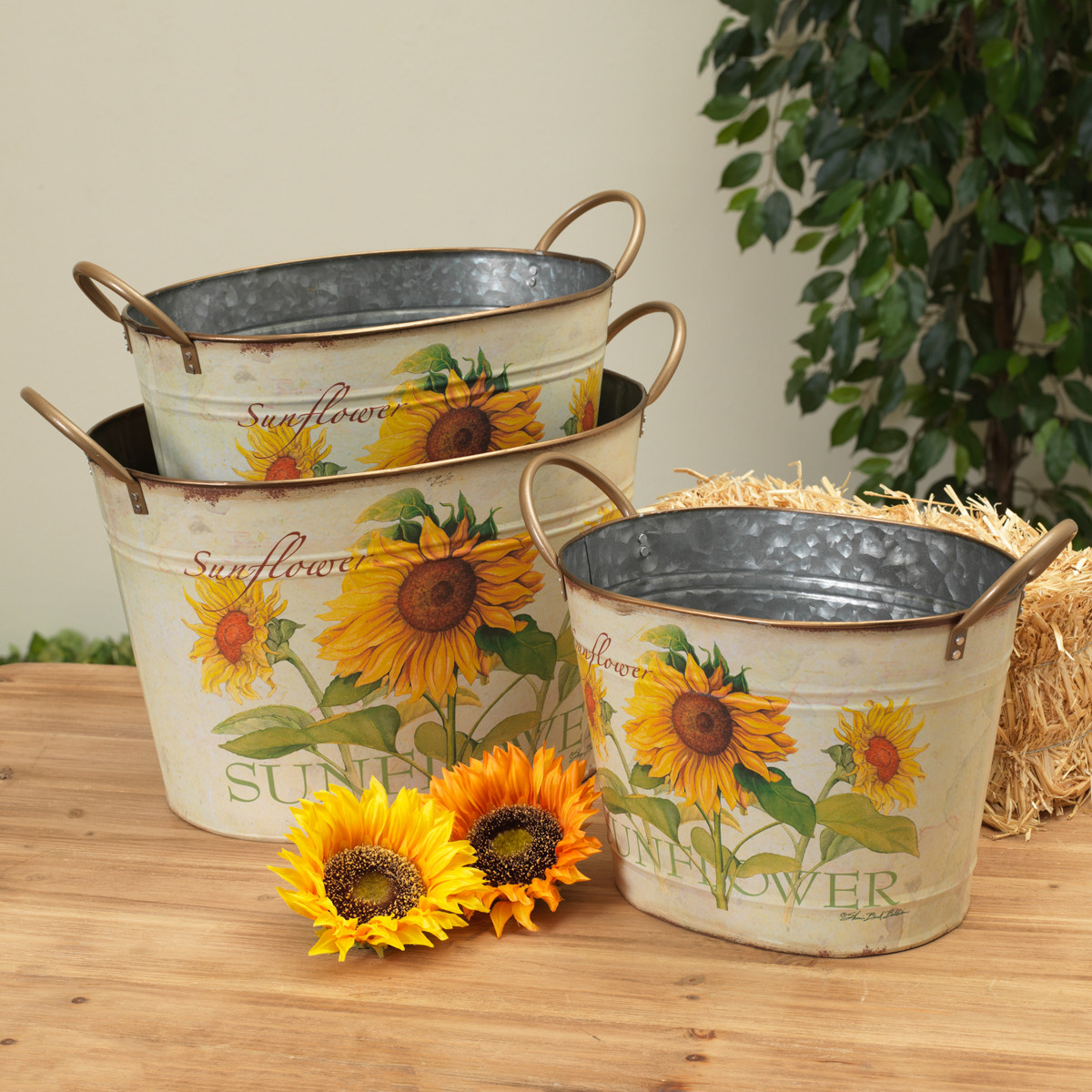 Gerson Company Set of 3 Nesting Metal Sunflower Design Buckets - The ...