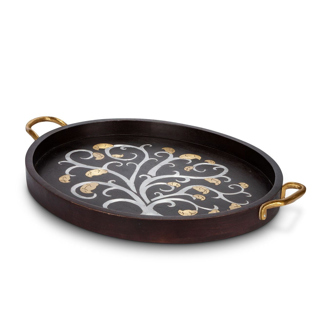 GG Collection Gold Leaf Mango Wood with Metal Inlay Large Oval Tray ...