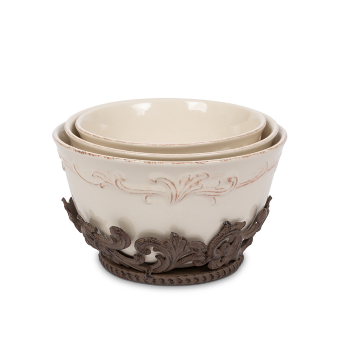 GG Collection Acanthus Stoneware Nesting Bowls , Set of 3 with Base