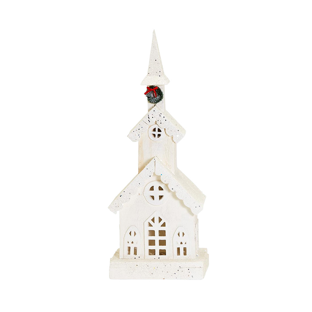 Two's Company Silent Night Wooden LED Light Up Church with Wreath