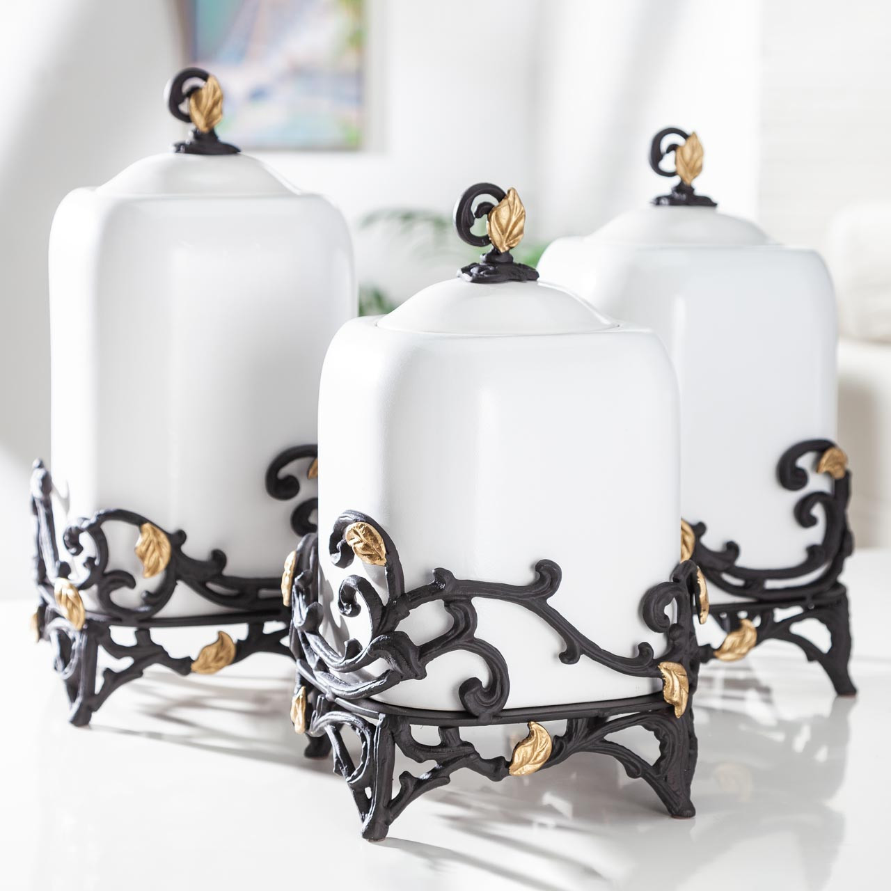 GG Collection Gold Leaf Set of 3 Canisters with Bases - GG Collection ...