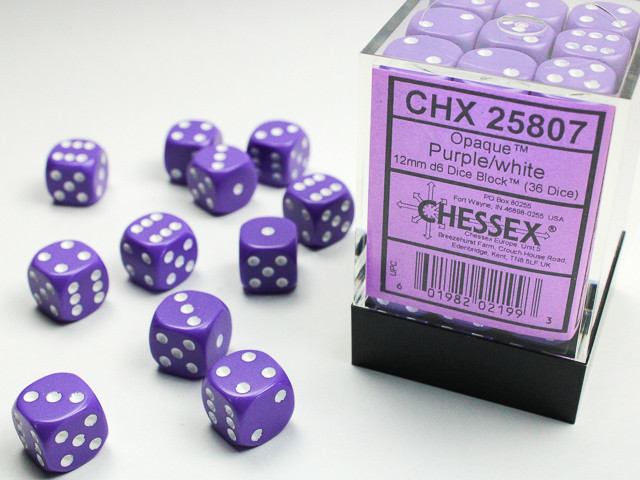 Block of 36 12mm Opaque Purple Dice with White Spots | Dice Game Depot