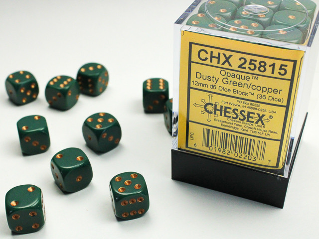 Block of 36 12mm Opaque Dusty Green Dice with Copper Spots | Dice Game ...