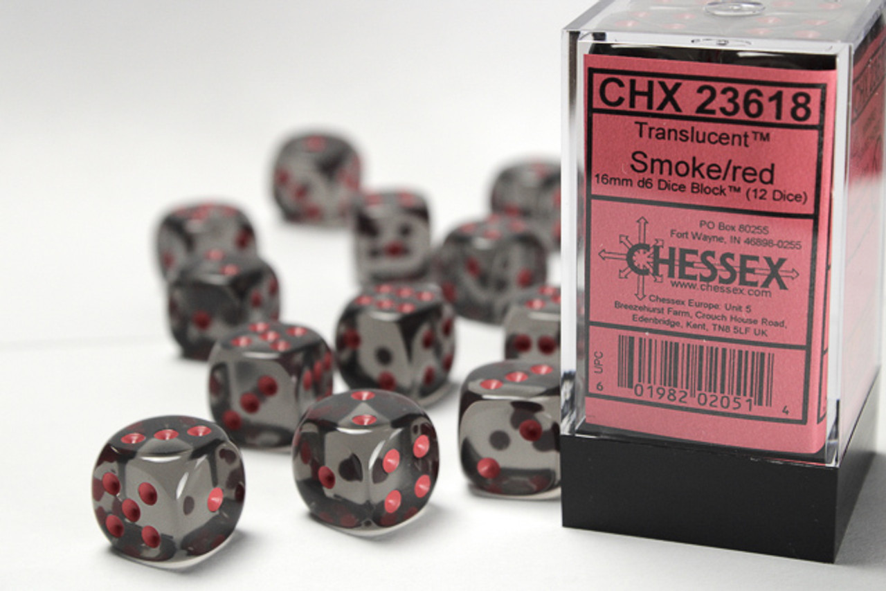Translucent Round Corner Dice Block Of 12 Smoke With Red Spots D6s