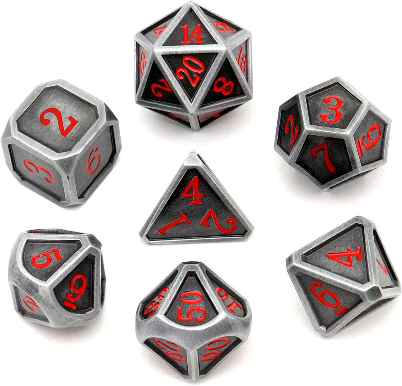 Ancient Silver Metal Dice Set with Red Numbers | Dice Game Depot