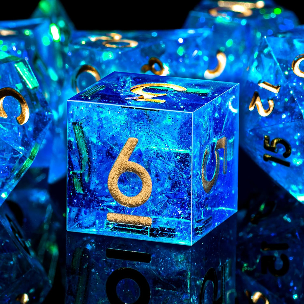 Sharp-Edge Blue and Gold TTRPG Dice Set | Dice Game Depot