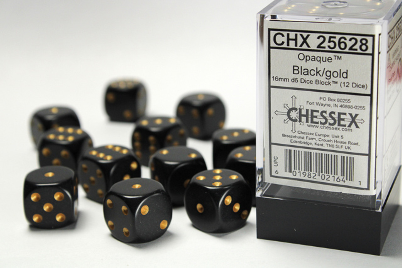 Opaque Round Corner Dice Block Of 12 Black With Gold Spots D6s Dice