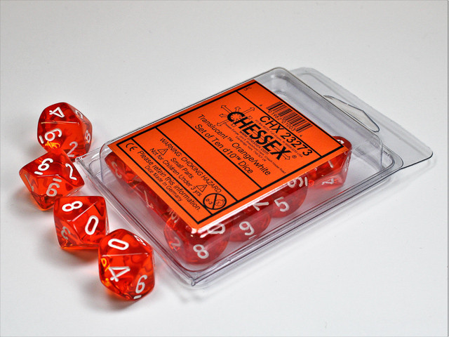 Set of Ten 10-sided Translucent Dice - Orange | Dice Game Depot