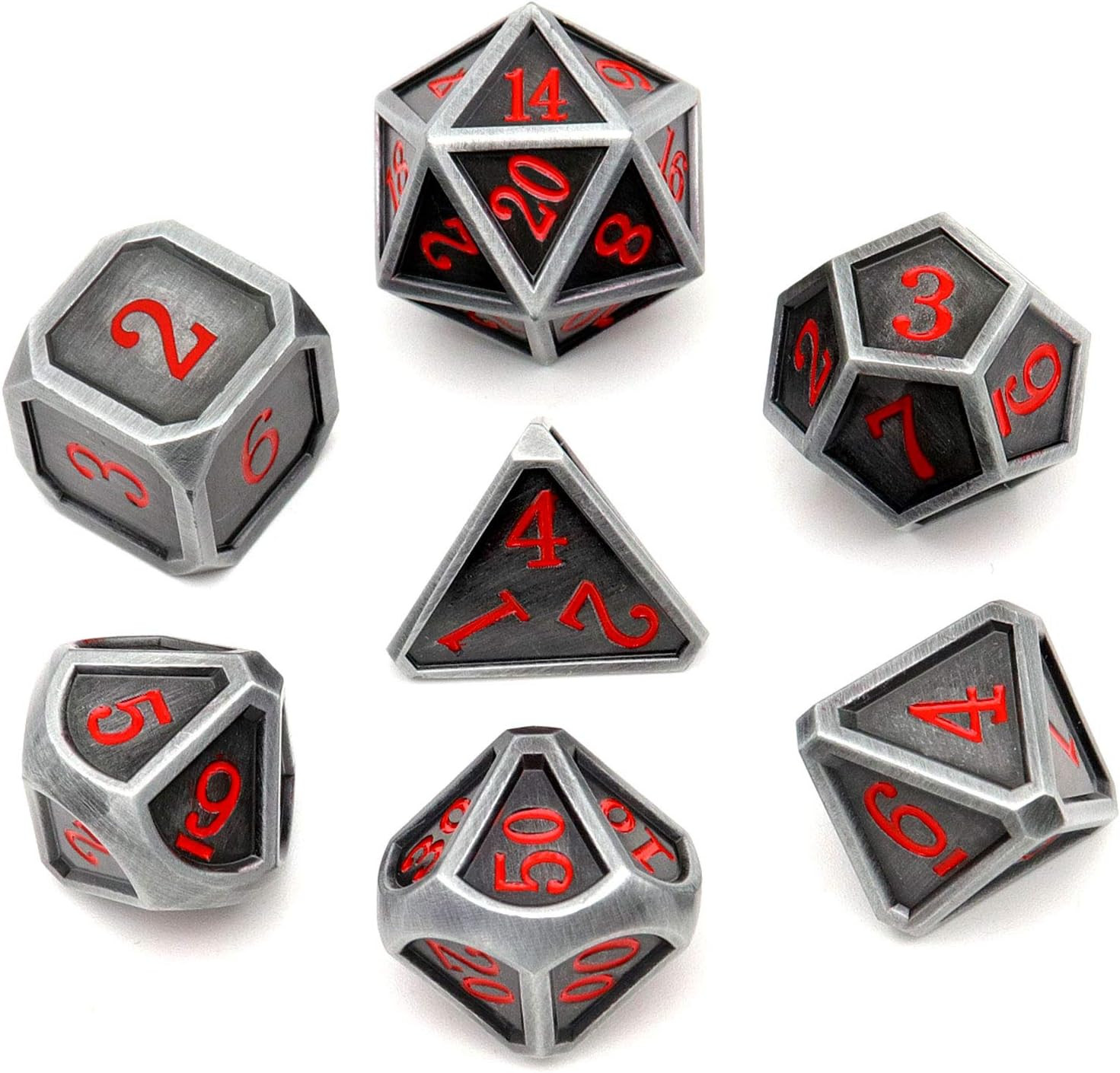 Ancient Silver Metal Dice Set with Red Numbers | Dice Game Depot