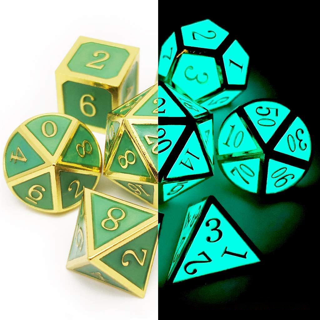 Gold Metal Glow In The Dark DnD Dice Set - Green | Dice Game Depot