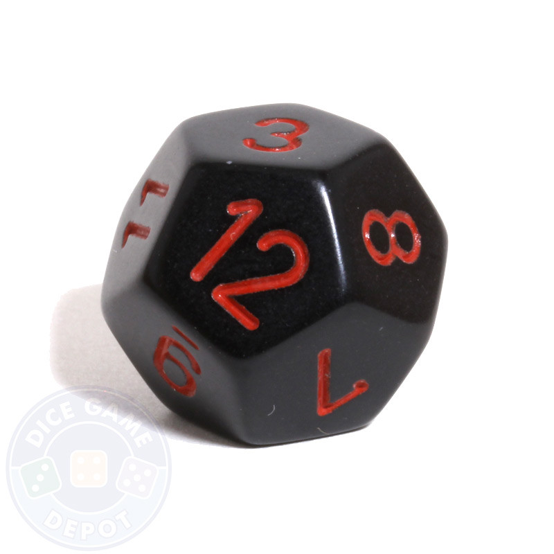 12-Sided Opaque Dice (d12) - Black with Red Numbers - Dice Game Depot