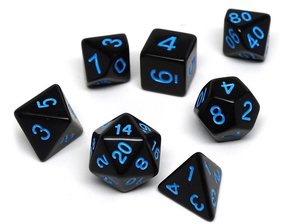 Opaque Black Dice Set with Blue Numbers | Dice Game Depot