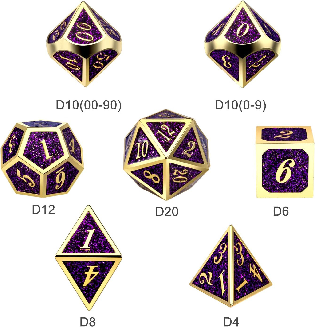 Purple Glitter DnD Dice Set with Gold Numbers | Dice Game Depot