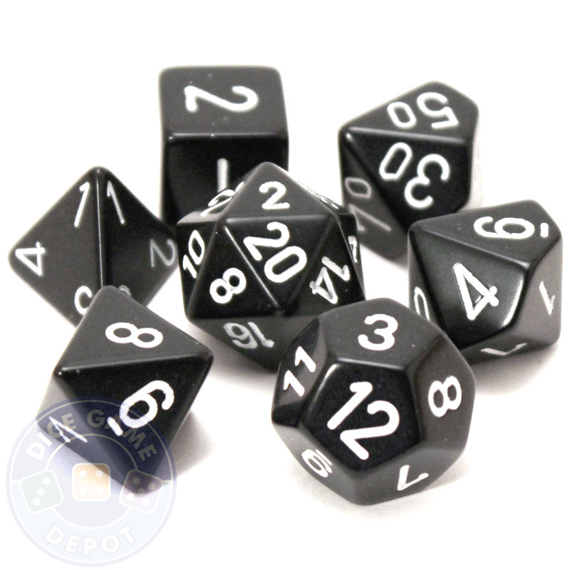Solid opaque black dice set with white numerals | Dice Game Depot