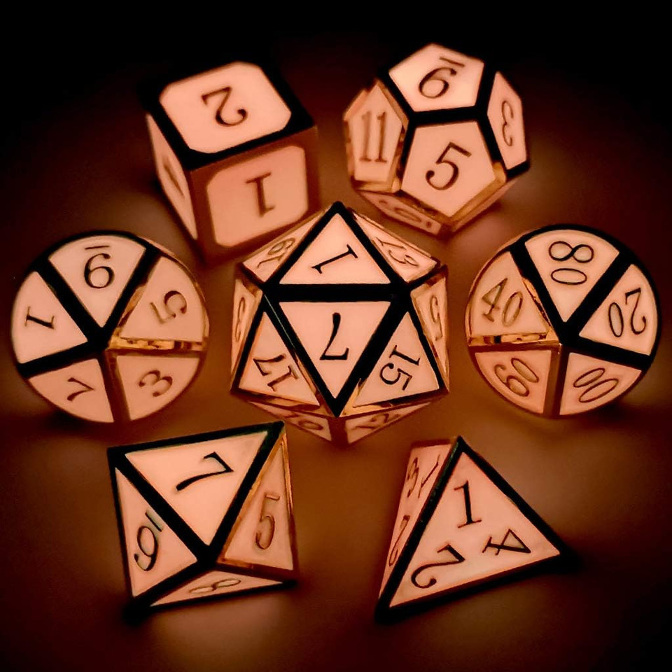 Gold Metal Glow In The Dark DnD Dice Set - Red | Dice Game Depot