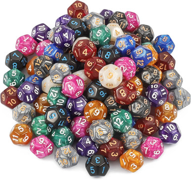 Pack of 100 Numeral 12-sided Dice in 10 Pearlized Colors | Dice Game Depot