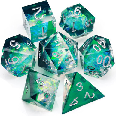 Sharp-Edge Green Iridescent Resin DnD Dice Set | Dice Game Depot