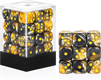 Set of 36 Swirl Black and Gold 12mm 6-Sided Dice with Yellow Spots ...