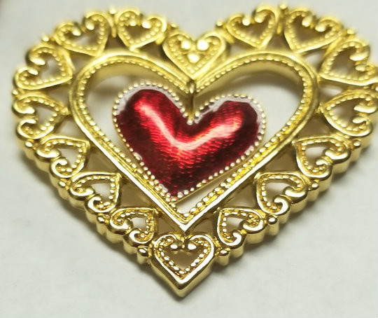 Vintage AVON - Heart Shaped Brooch/PIN w Ruby Red Dangling Heart Center ...