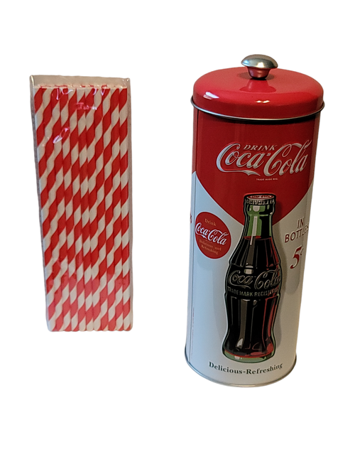 Coca Cola Straw Holder Tin with 20 Paper Straws Coca Cola
