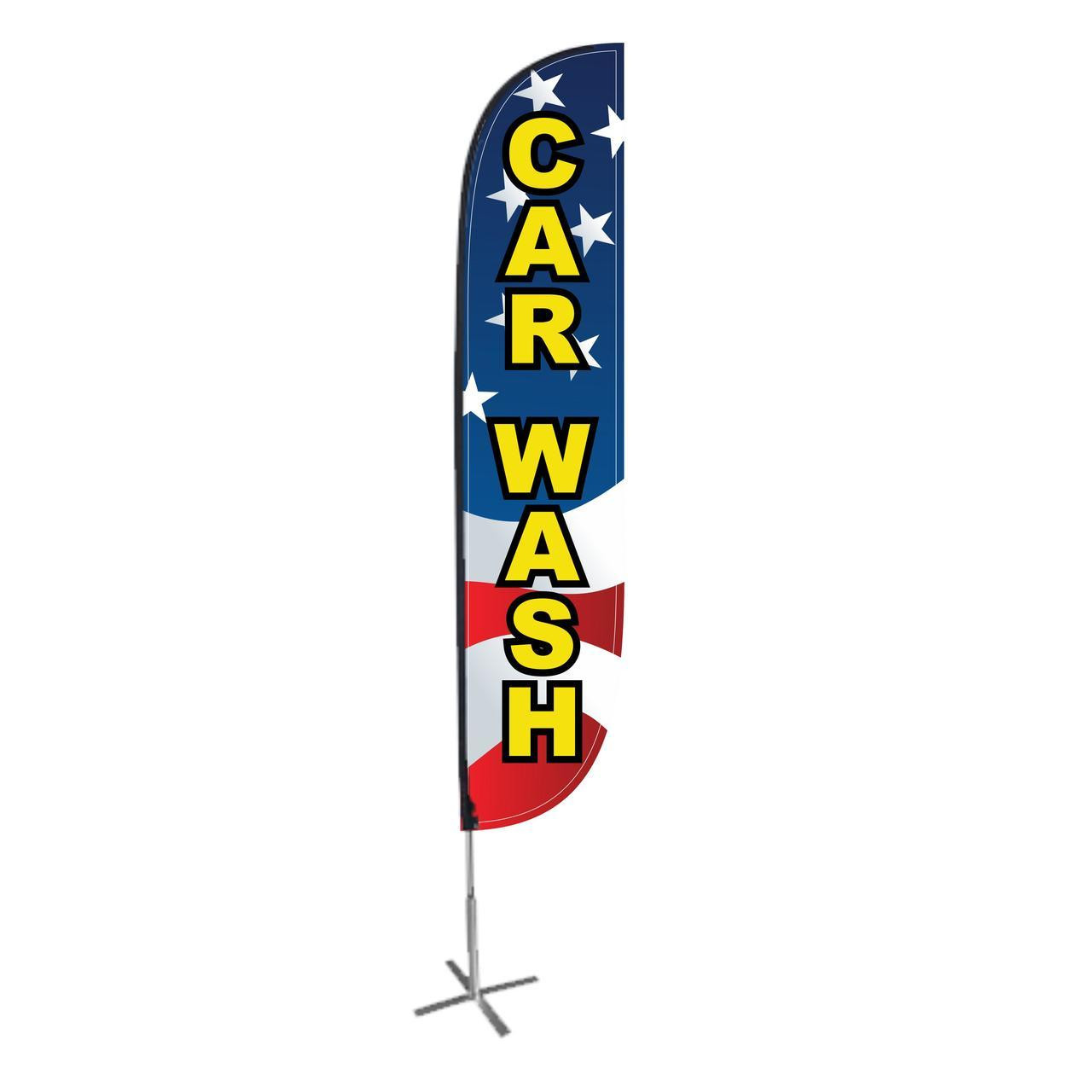 Car Wash 12ft Feather Flag Red White & Blue Ready to Ship