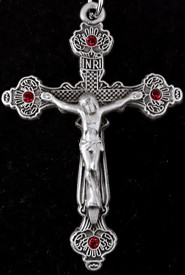 Engraved Ruby Crystal Crucifix - 2" - Pewter - Sisters of Carmel