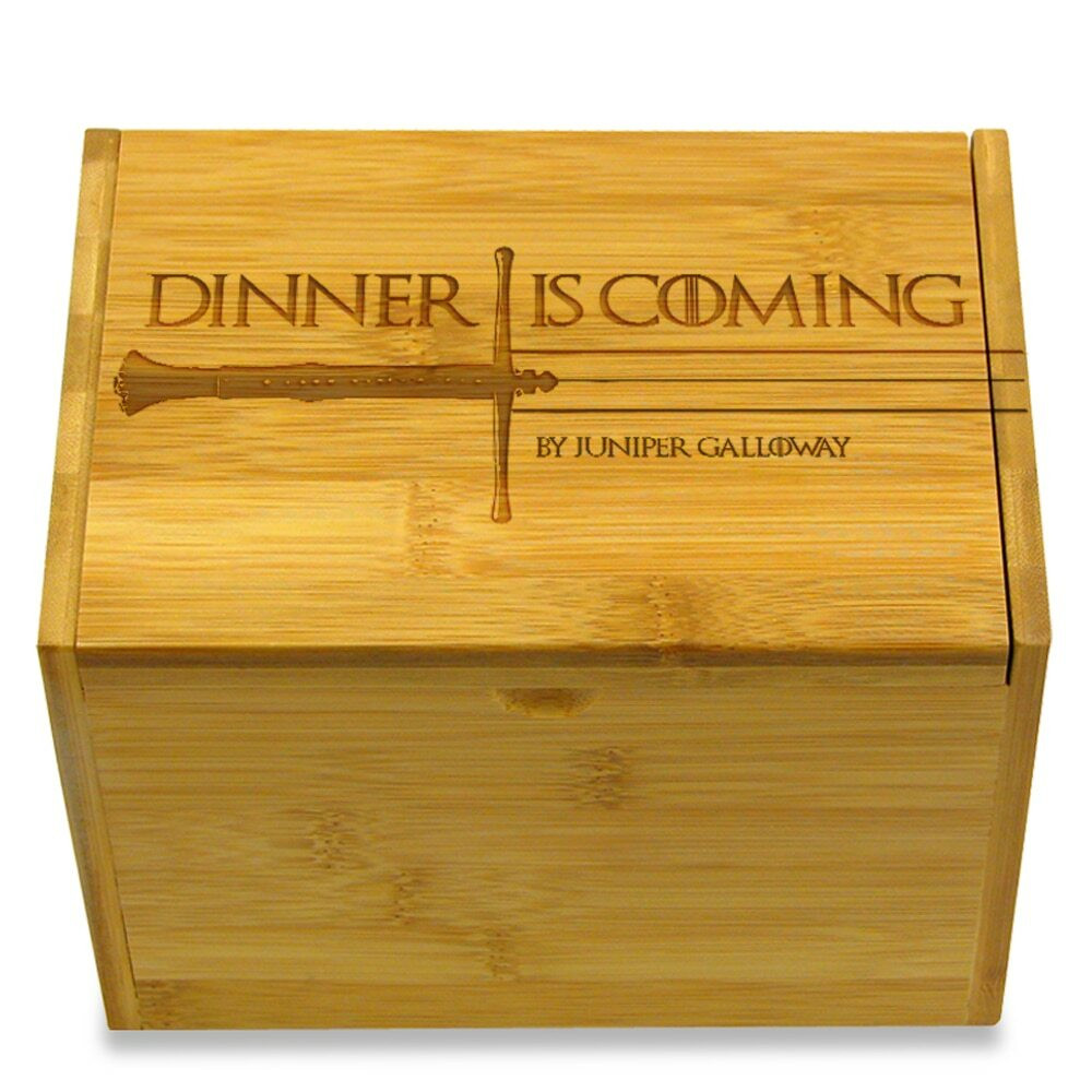 Dinner Is Coming Laser Engraved Bamboo Recipe Card Box