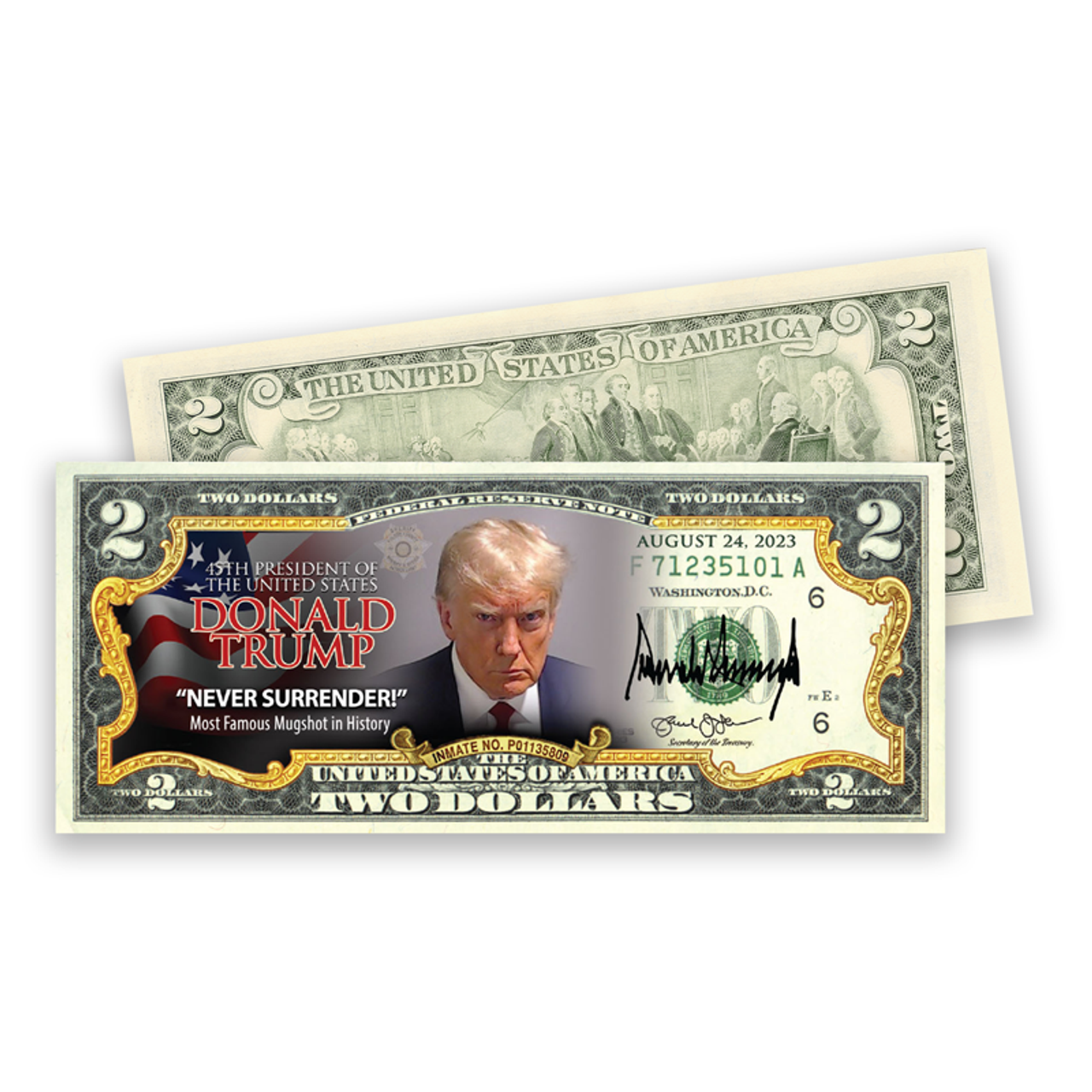 Trump Never Surrender Mugshot 2 Bill National Collectors Mint