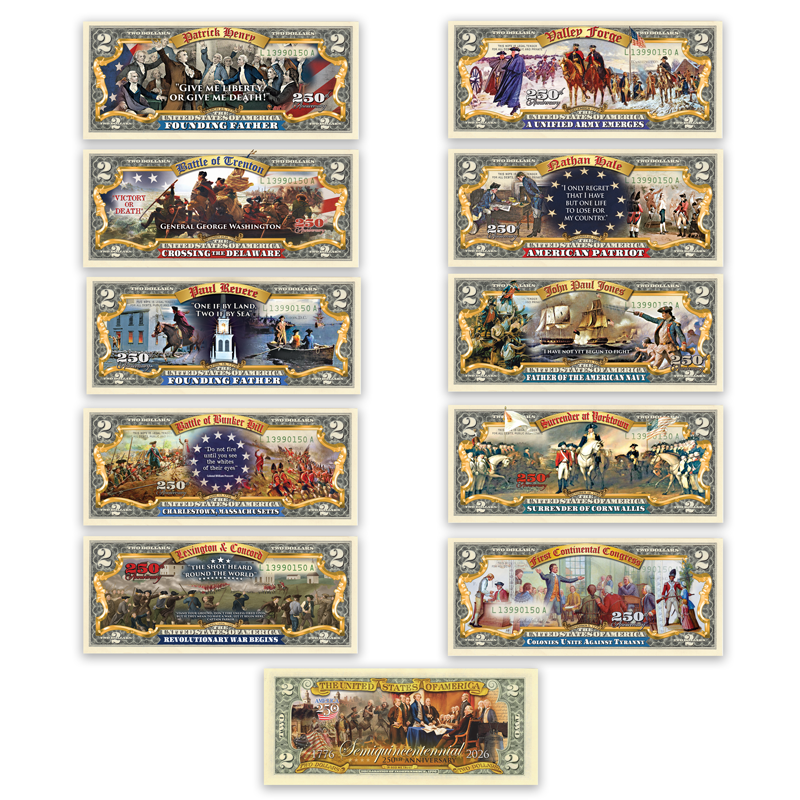 American Revolution Full Color $2 Bill Collection