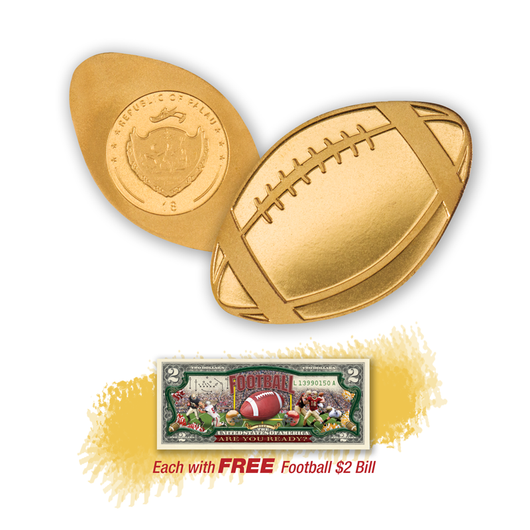 .9999 Pure Gold Football $1 Coin with FREE Football $2 Bill