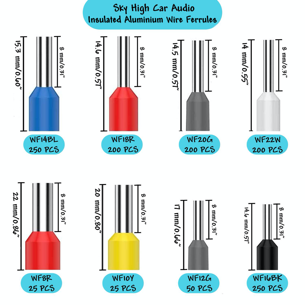 Sky High Car Audio Insulated Aluminum Wire Ferrules (8 Gauge - 22 Gauge ...