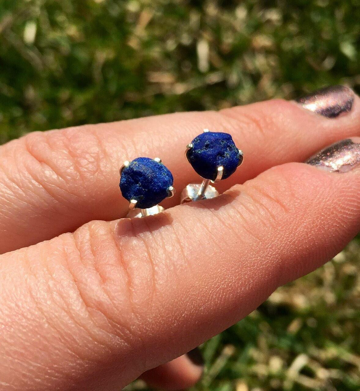 Azurite Raw Natural Stud Earrings - Sterling Silver | New Moon Beginnings