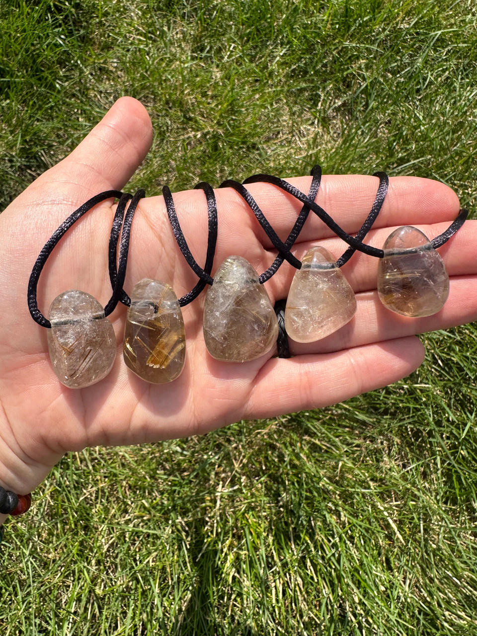 Gold Rutilated Quartz Tumbled Pendant on Cord | New Moon Beginnings