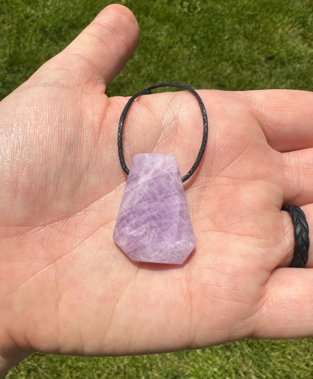Kunzite Coffin Shaped Pendant on Cord | New Moon Beginnings