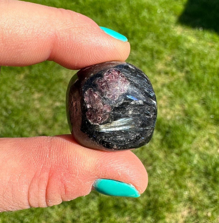 Arfvedsonite and Garnet Tumbled Stone | New Moon Beginnings