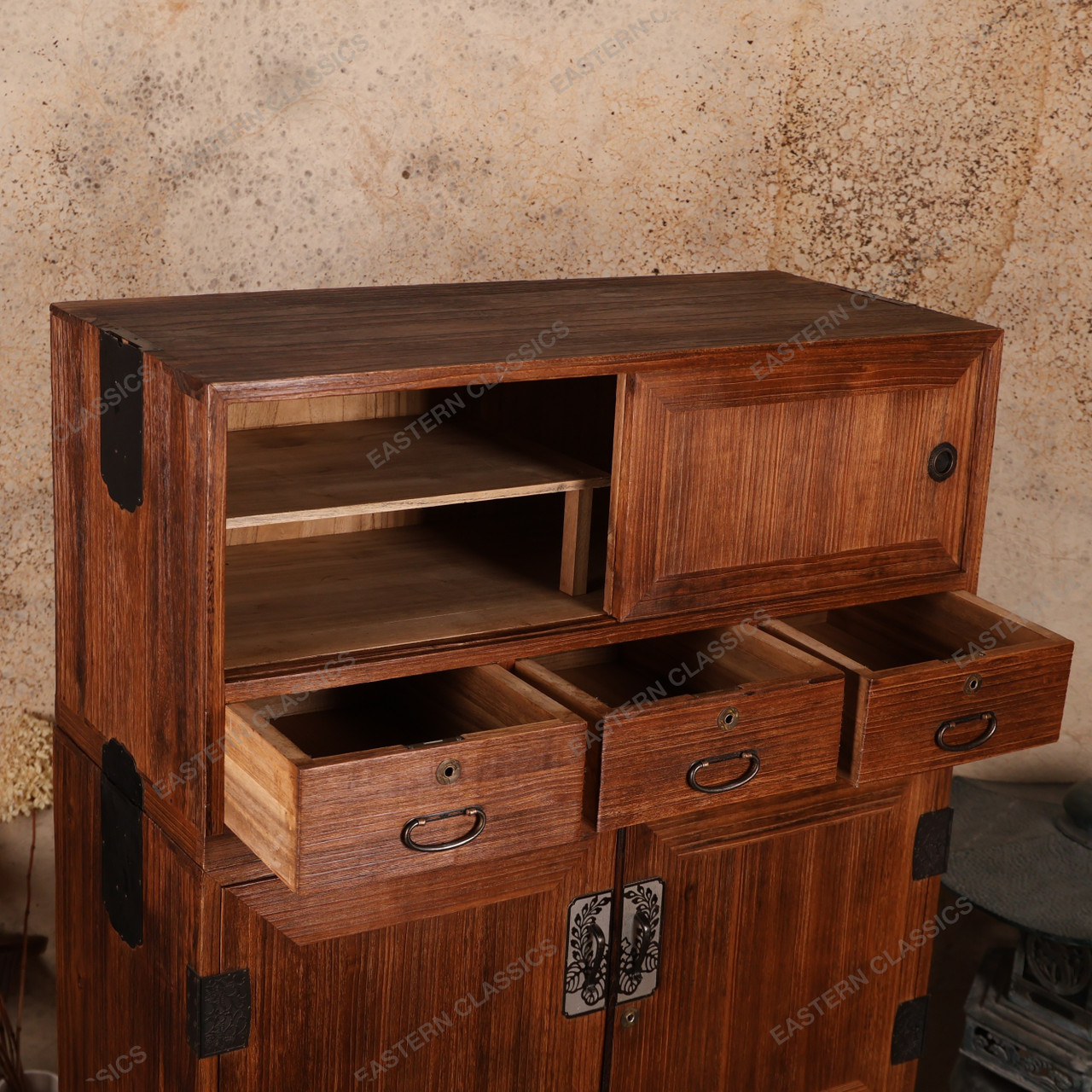 Antique Japanese 3-Section Kimono Tansu – Kiri Wood Chest with Hikido ...