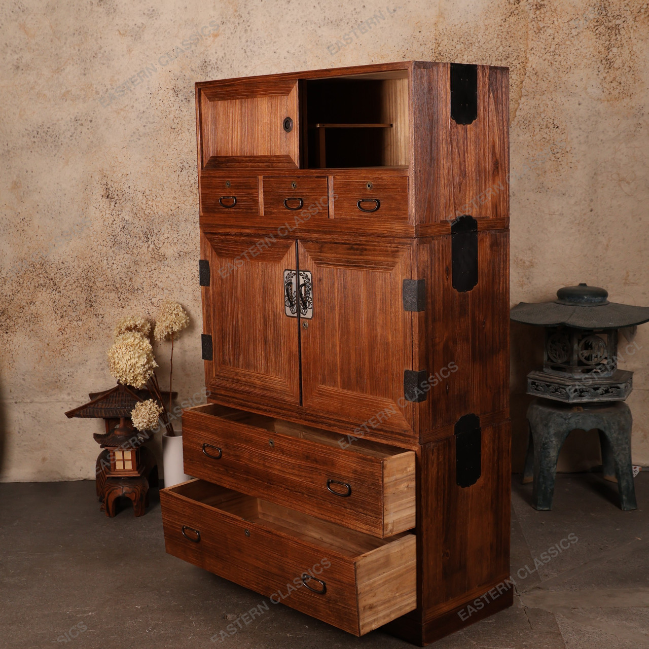 Antique Japanese 3-Section Kimono Tansu – Kiri Wood Chest with Hikido ...