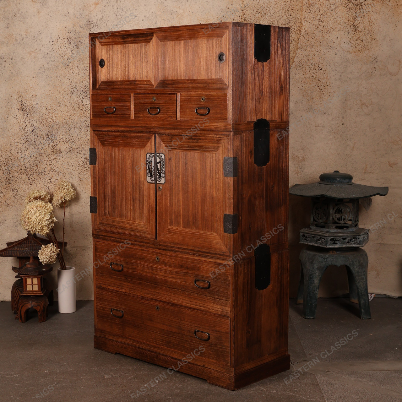 Antique Japanese 3-Section Kimono Tansu – Kiri Wood Chest with Hikido ...