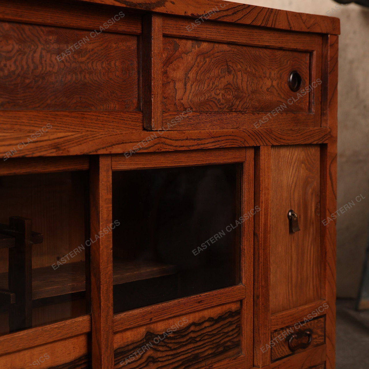 Antique Japanese Ko Tansu Small Chest With Glass And Wood Hikido ...