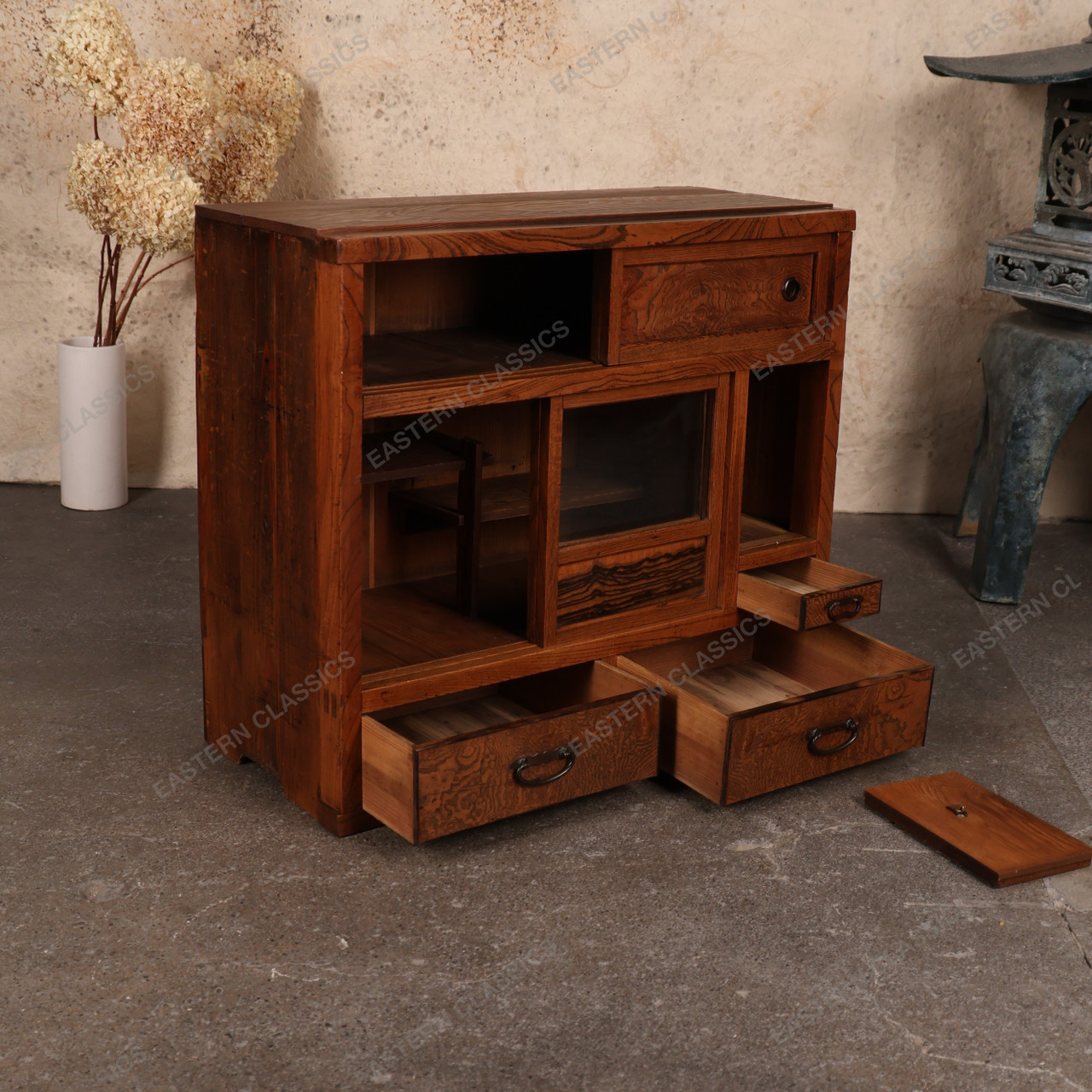 Antique Japanese Ko Tansu Small Chest With Glass And Wood Hikido ...
