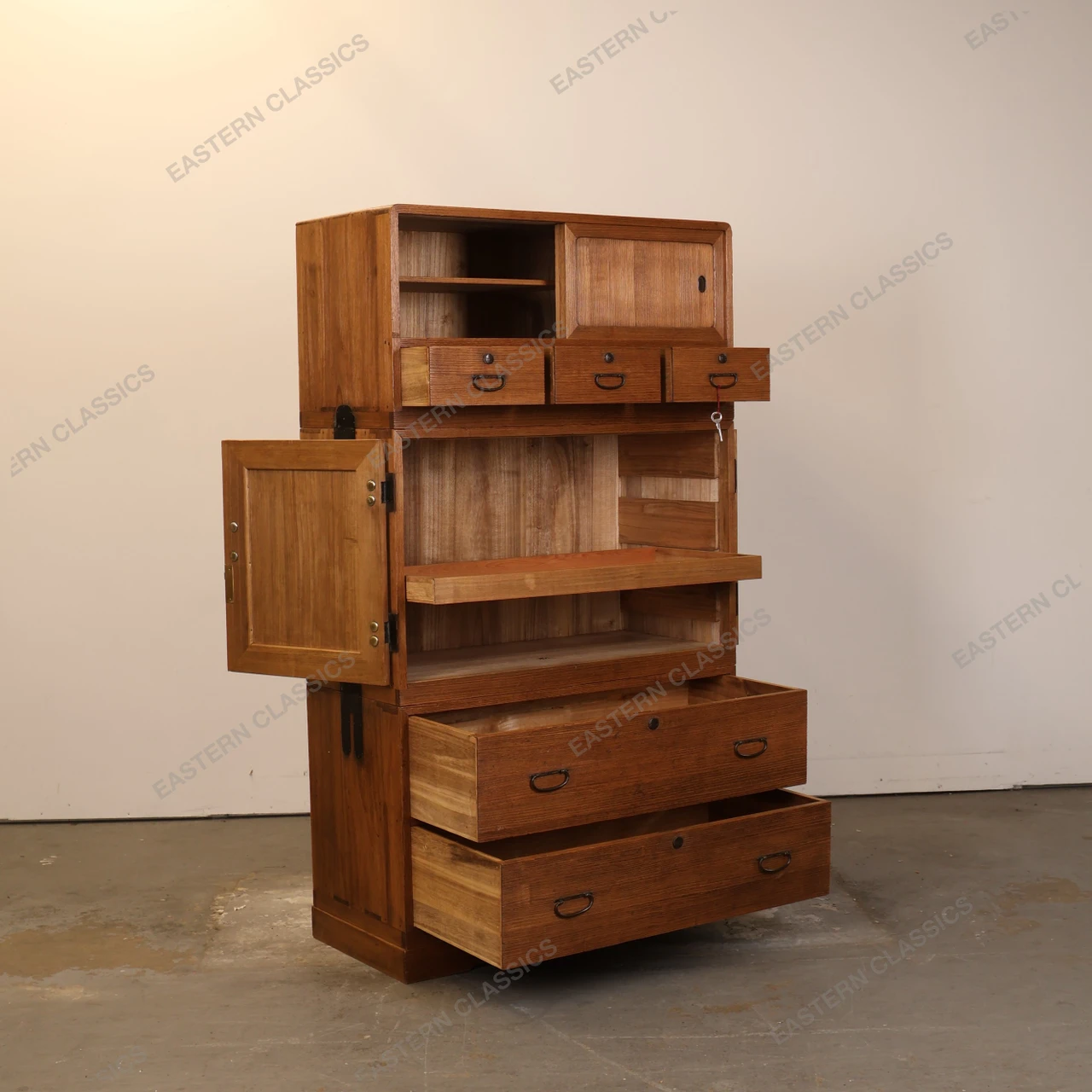 Antique Japanese Three Section Kimono Tansu Chest With Hikido, Kiri-mon ...