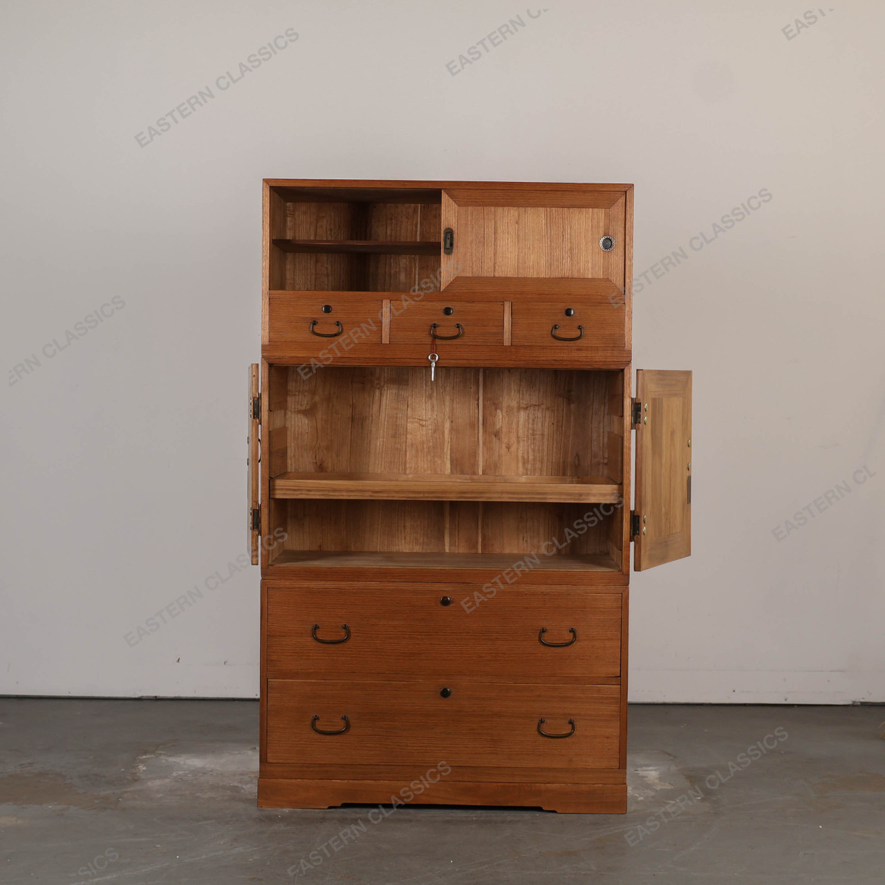 Antique Japanese Three Section Kimono Tansu Chest With Hikido, Kiri-mon ...