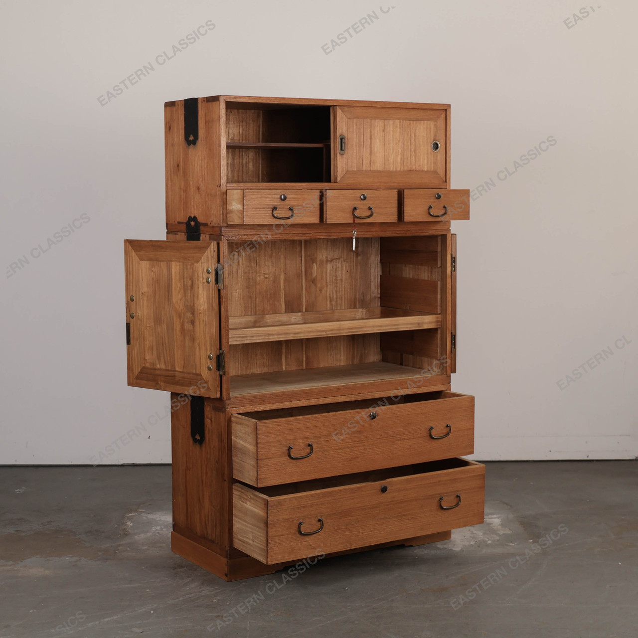 Antique Japanese Three Section Kimono Tansu Chest With Hikido, Kiri-mon ...