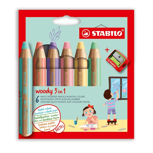 STABILO Woody 3 in 1, Set of 6 with Sharpener