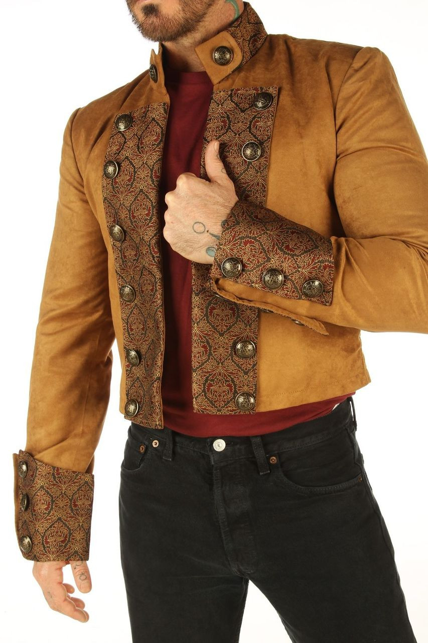 Tan Brown Gothic Military Mantel Herren - Samt Jacke Top