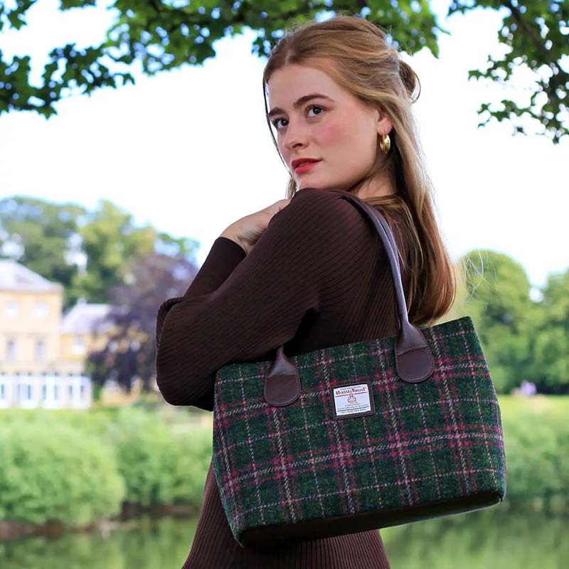 Classic Harris Tweed Handbag Green Pink Plaid | Made in Scotland